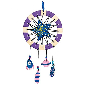 Baker Ross AX213 Solar System Wooden Dreamcatcher Kits - Pack of 4, Create Your own Dreamcatcher Kits for Kids Arts and Crafts, Wall Decorations for Girls and an Introduction to Sewing