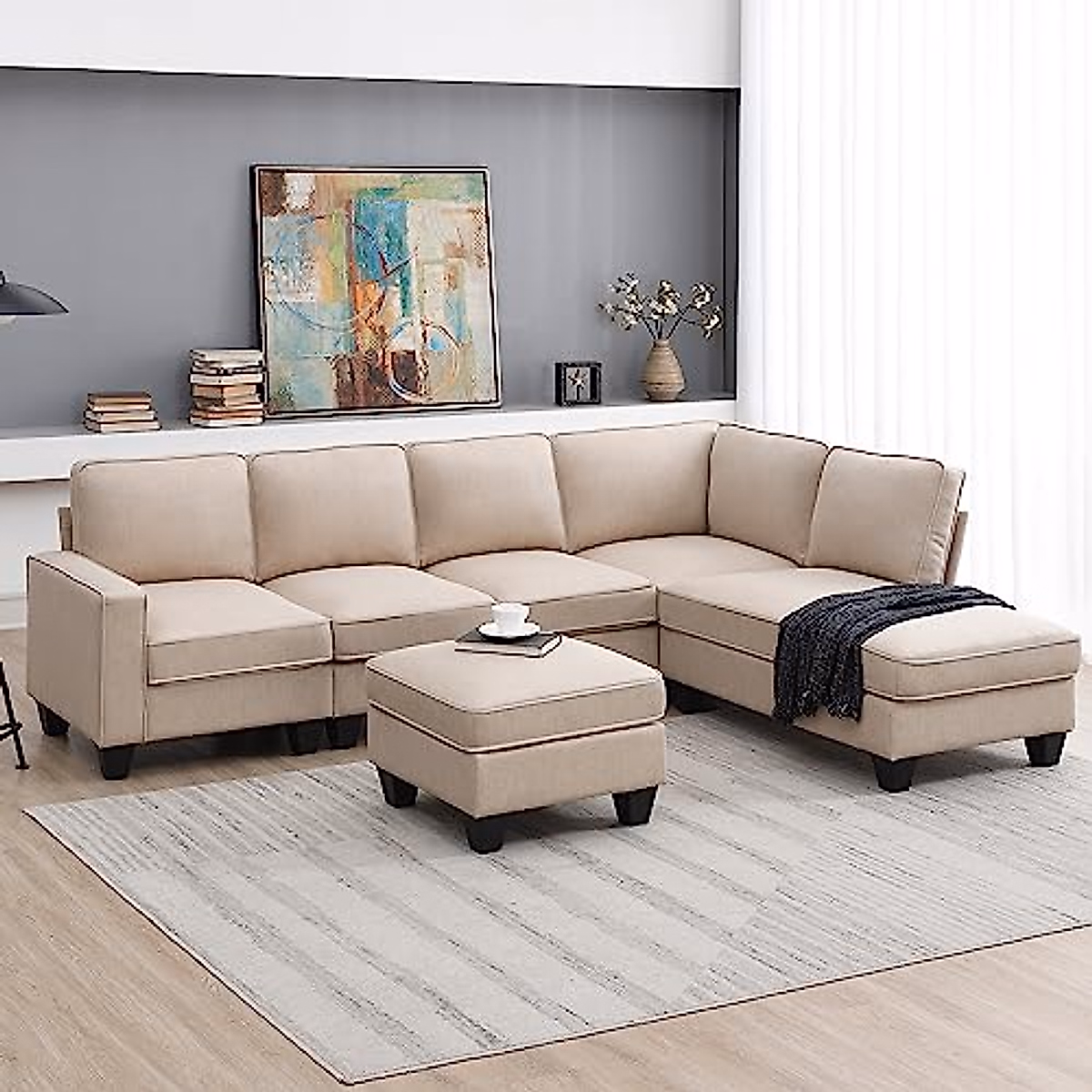 GAOWEI Modern L-Shaped Sectional Sofa,7-seat Linen Fabric Couch Set with Chaise Lounge and Convertible Ottoman for Living Room,Apartment,Office Modular sectional Sofa l Shaped Sofa (Khaki)