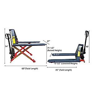 3300LB. Cap, 27" x 45", Lift Height: 3-1/2" to 31-1/2", Manual High Lift Tote Lifters for Skid/Single Sided Pallet Pake Handling Tools