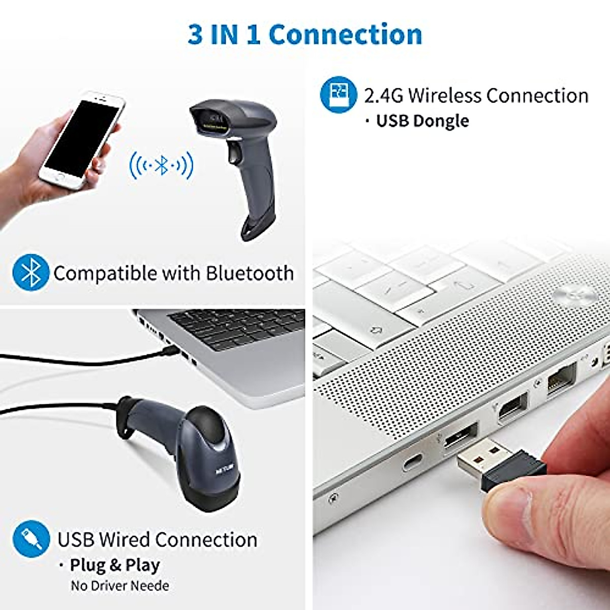 NETUM Bluetooth Barcode Scanner with Stand 2.4G Wireless & Bluetooth & Wired 1D CCD Scanner Gun for Supermarket, Store, Warehouse Handheld Bar Code Reader Work with Windows, Mac,Android, iOS