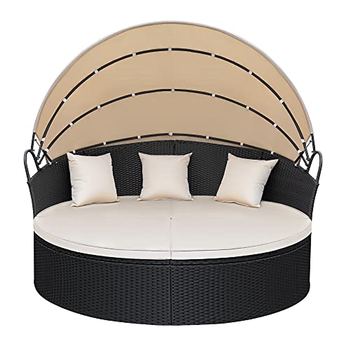 Kemon Patio Furniture Round Outdoor Daybed with Retractable Canopy Wicker Rattan Sectional Sofa for Lawn Garden Backyard Pool, Beige