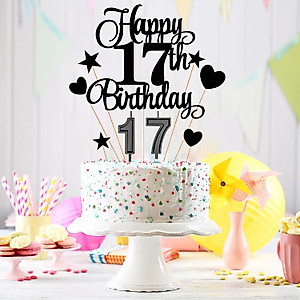 17th Birthday Cake Decorations Set Include 17th Birthday Candles Numeral 17 Cake Candles and Happy 17th Birthday Cake Toppers with Heart Star Cupcake Picks for Birthday Party (Black Series)