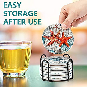 8 Pieces Stone Coasters with Holder for Drinks, Cork Base Ocean Beach Theme Tropical, for Housewarming, Apartment Kitchen Room Bar Decor, Funny Birthday, Wooden Table