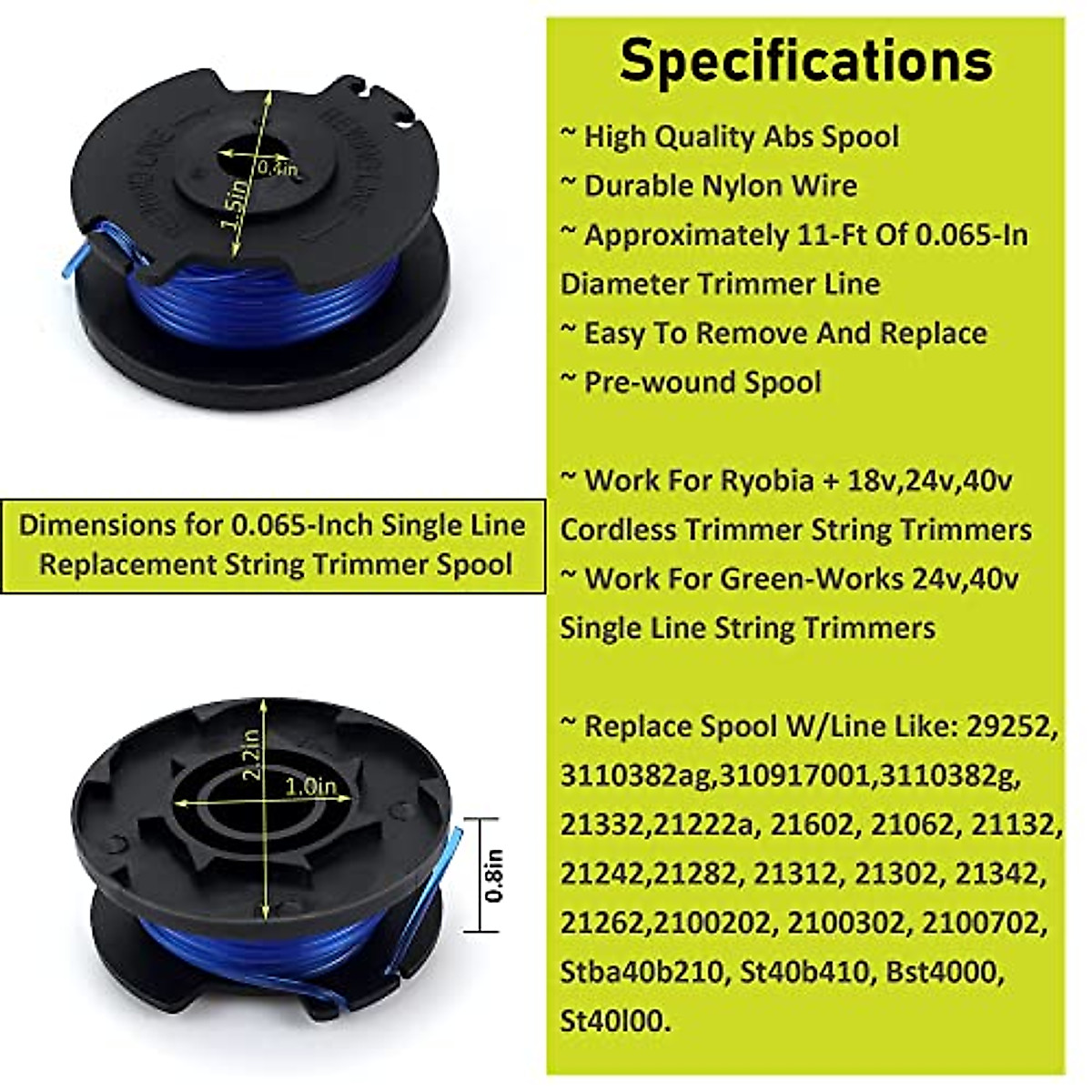 0.065" Spool Replacement fit for Ryobi AC14RL3A with 522994001 Weed Eater Spool Cap Cover fit for Ryobi One 18V, 24V, 40V Cordless Trimmers(9 Spool + 2 Cap)