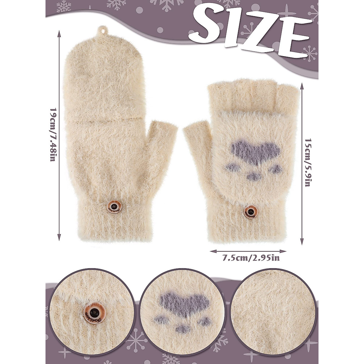 Bencailor 3 Pairs Winter Fingerless Gloves Warm Convertible Mittens Flap Cover Cat Paw Gloves for Women Cold Weather Cosplay (Dark Gray, White, Light Khaki)