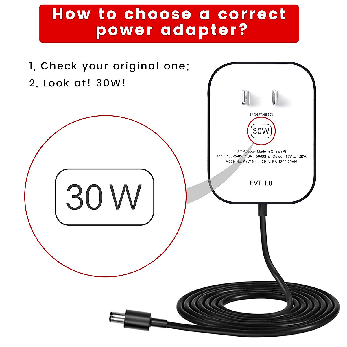 30W Power Adapter Cord Replacement for Echo Show 21, Show 15 2nd, Echo Show 10, Echo Show 8, Echo (4th Gen.), Echo (3rd Gen.) - Wall Charger Plug Long Cable 5ft, Black