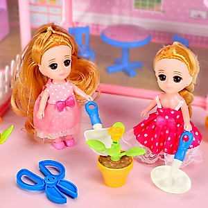 CUTE STONE Dollhouse with 2 Dolls, Flashing Lights, Furniture, Household Items and Gardening Tool Accessories, DIY Cottage Pretend Play Doll House, Gift for Ages 3+, 4 Rooms