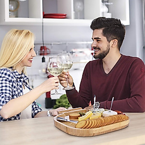 MH Zone Bamboo Cheese Board Set Charcuterie Board Cheese Plate Cheese Tray with Integrated Drawer, 4 Stainless Steel Knife and 4 Fork, for Family, Friend or Lover