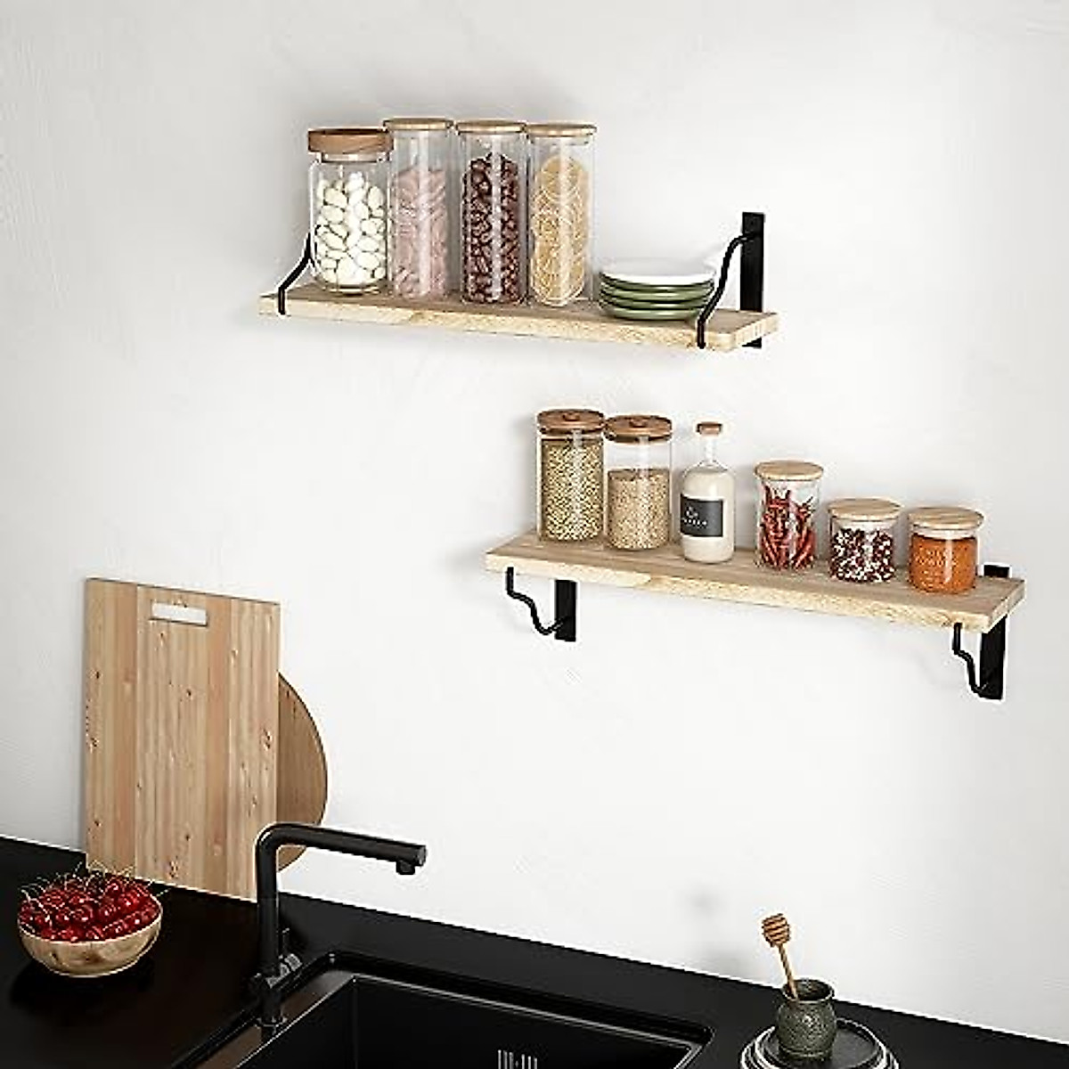 Floating Shelves, 24 Inches Wood Wall Mounted Shelves for Storage, Wall Shelves with Metal Bracket, Rustic Bookshelf for Bedroom Kitchen Living Room (Wooden, 24 Inch)