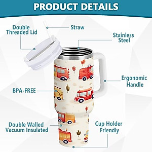 ARGTILDN 40 oz Tumbler Cartoon Fire Trucks Insulated Travel Mug with Handle and Straw Lid Stainless Steel Vacuum Coffee Cup Tea Beverage Container Water Bottles for Car Sports office