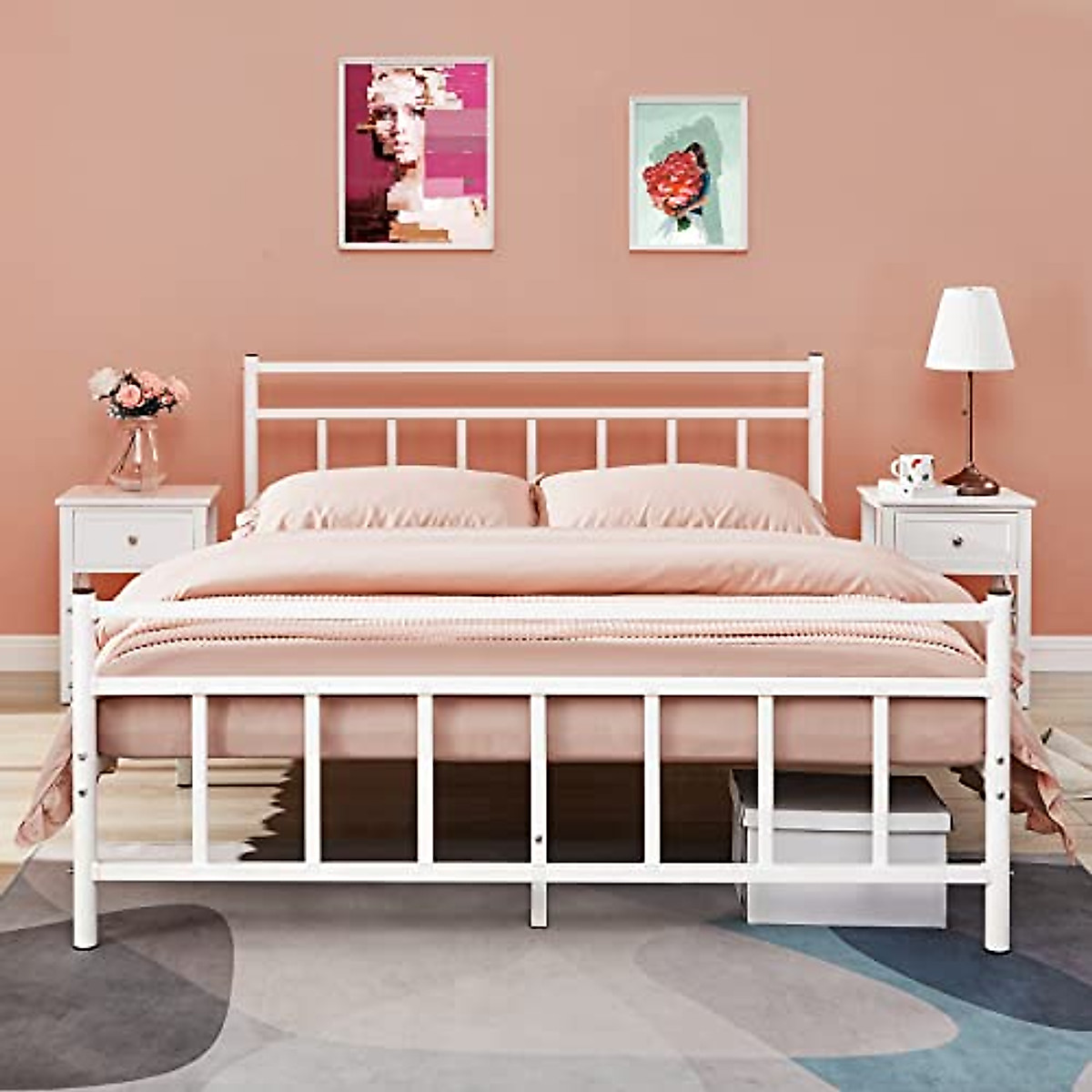 GreenForest Queen Size Bed Frame with Headboard Metal Platform Bed Heavy Duty No Noise Steel Slats Support Mattress Foundation, No Box Spring Needed, White