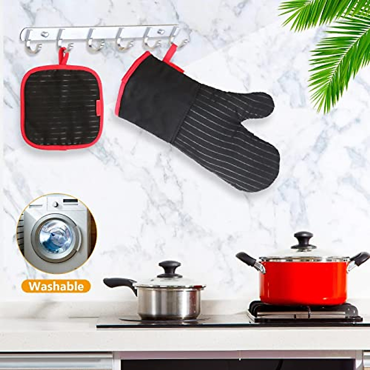 AORESAC Oven Mitts and Pot Holders Set, 500°F Heat Resistance and Flexible Oven Gloves for Kitchen Cooking, Non-Slip Silicone Surface and Soft Quilted Liner, 4 Pieces Set, 13 Inches