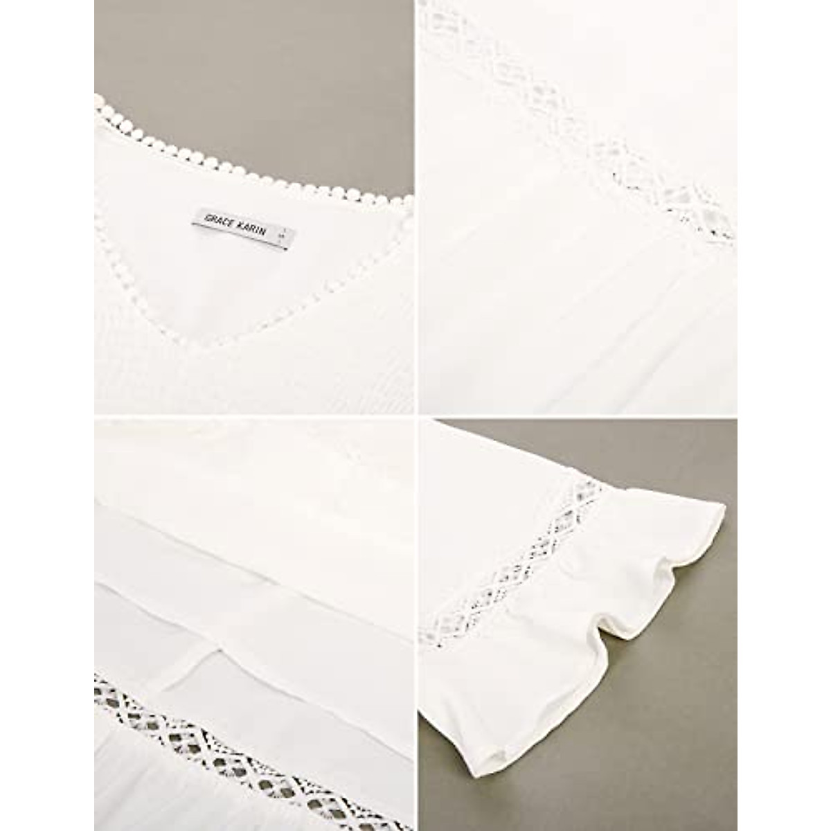 GRACE KARIN Women's V Neck Short Bell Sleeve Smocked Tiered Dress Elastic Waist Lace Patchwork Ruffle Dress White XL