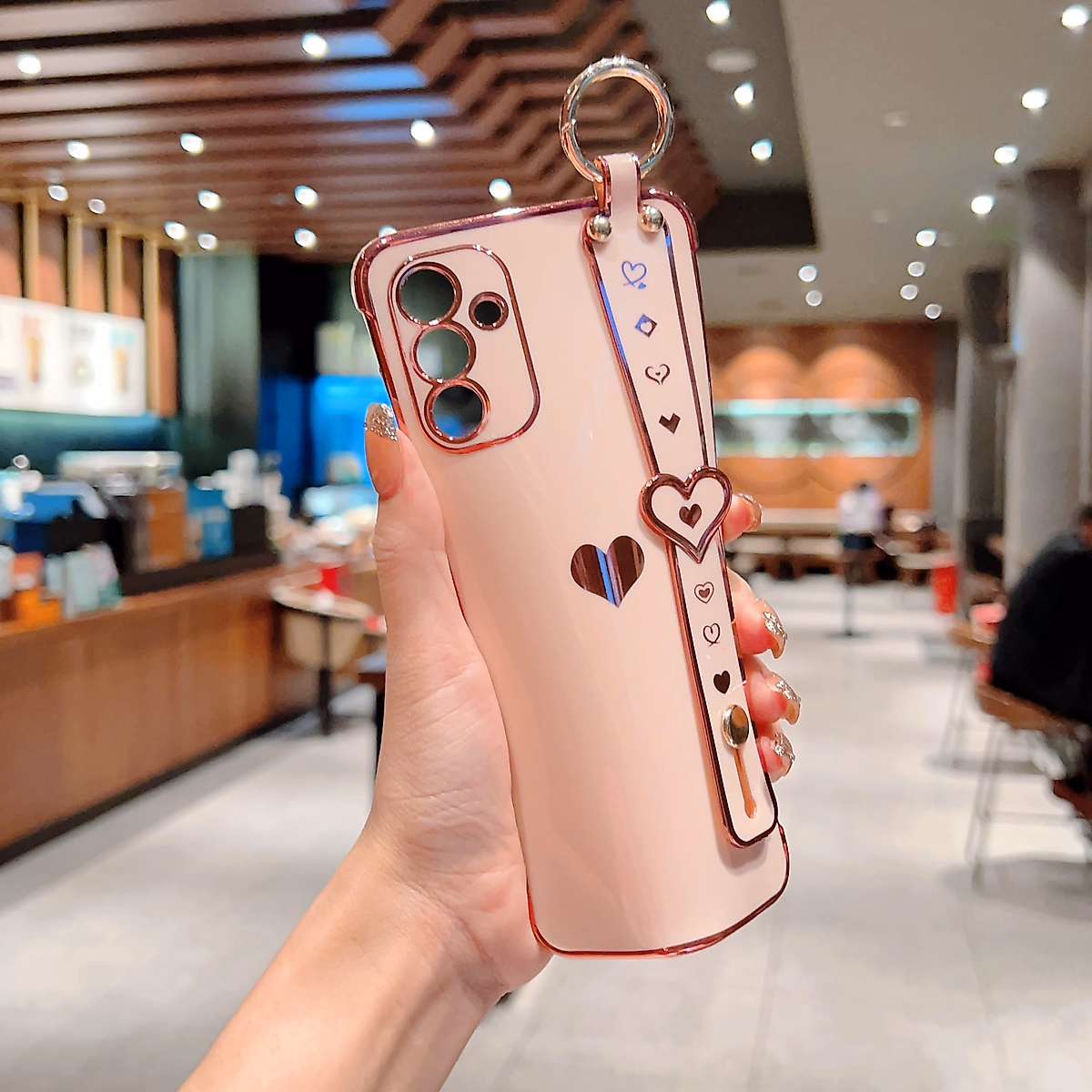 DEFBSC Compatible with Samsung Galaxy A14 5G Case, Electroplated Edge Love Heart Case with Wrist Strap, Full Camera Protection Raised Reinforced Corners Shockproof Soft TPU Cover, Pink