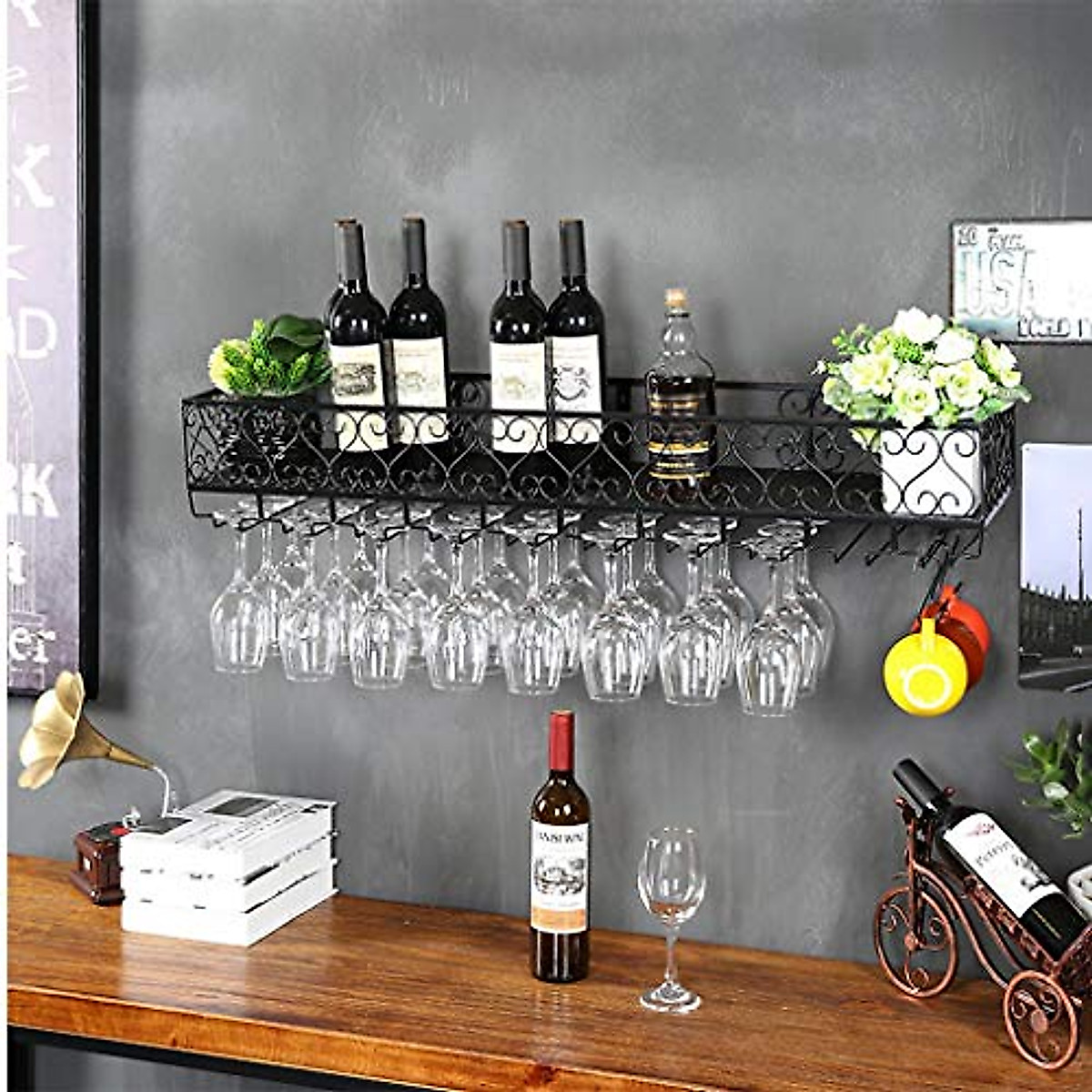 PIBM Stylish Simplicity Wine Shelf European Wrought Iron Hanging Wine Rack, Creative Wall Hanging Wine Rack, Black , 120CM