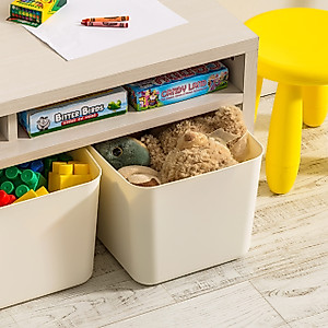 IRIS USA Plastic Basket Bin & Lid, Large, 4-Pack, Stackable Lidded Storage Organizer Bins for-Kitchen-Bathroom and Bedroom, Off White