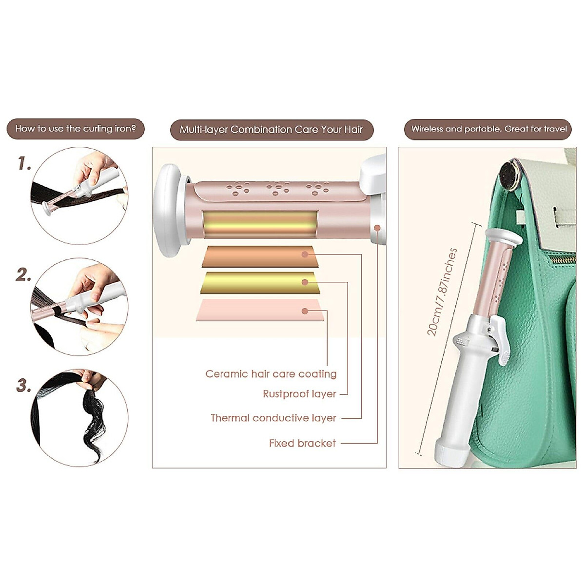 Yinuoday Mini Cordless Curling Iron USB Rechargeable Curling Wand Ceramic Hair Curling Travel Hair Straightener Curler for Hair Styling Wand Wet Dry Use