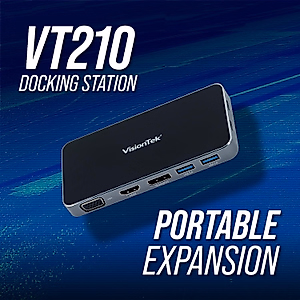 VisionTek VT210 Portable USB-C Dual Monitor Hub - 1x DP, 1x HDMI, 1x VGA, 2X USB-A Ports, 1x USB-C for Windows/MacOS/ChromeOS/iOS