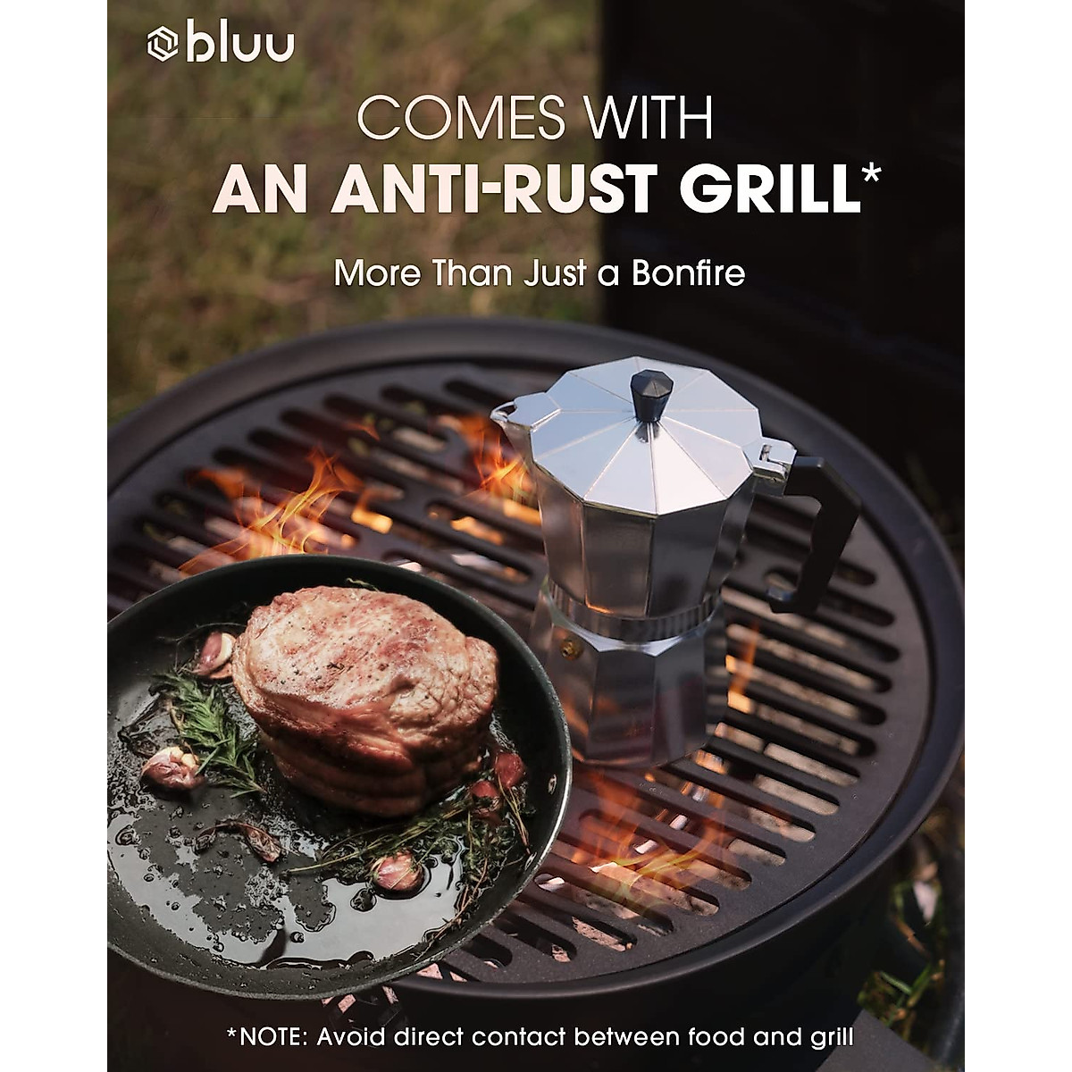 BLUU Deluxe Portable Propane Gas Fire Pit with Auto Ignition for Outdoor Camping- with Grill, Foldable Stand, Trachea Hook, Propane Tank Holder and Cover, 17-Inch Diameter 58,000 BTU, Matte Black