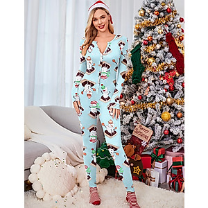 Ekouaer Womens Christmas Oneses Adult Button One Piece Pajama Romper Long Sleeve Jumpsuit Sleepwear for Women Soft Thermal