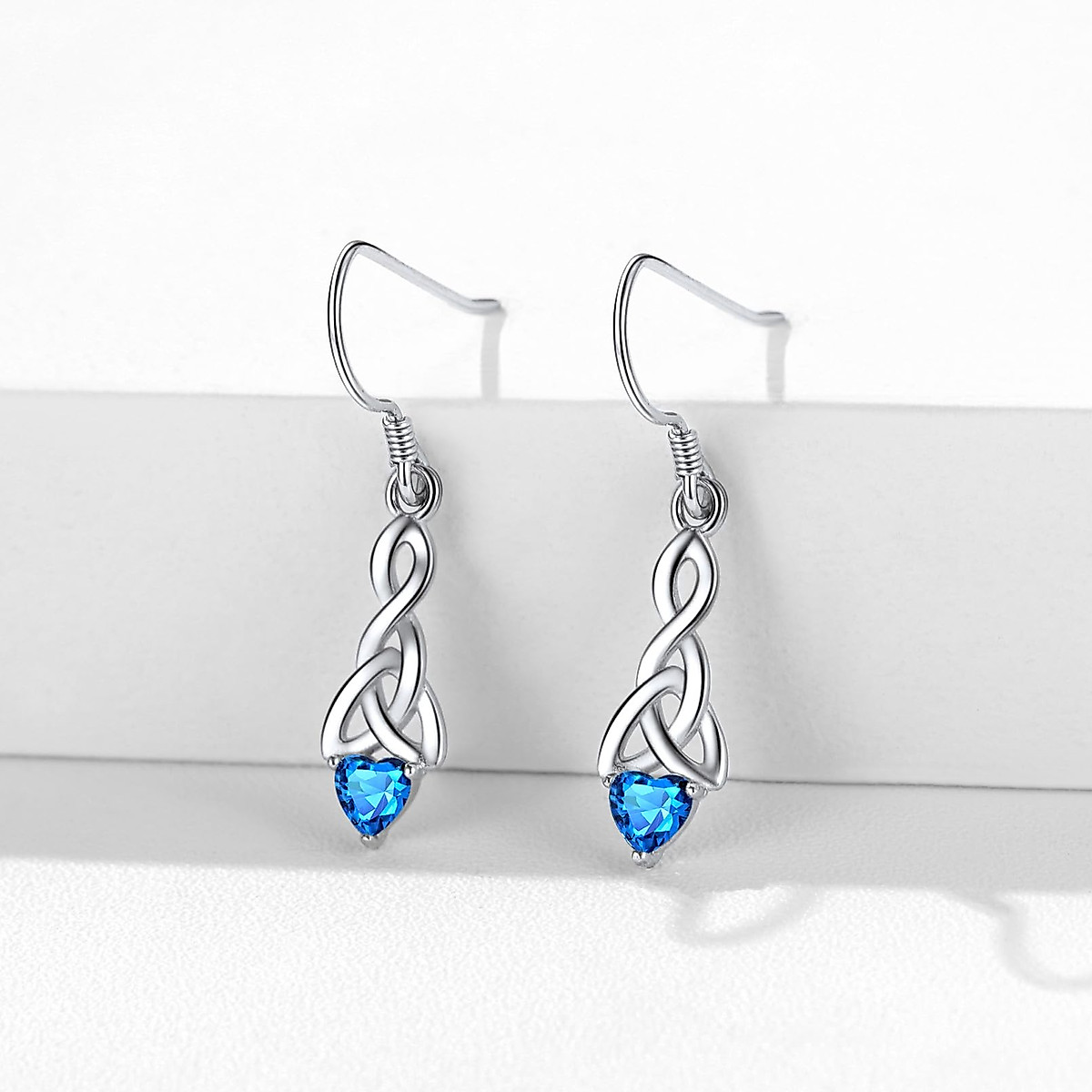 ChicSilver 925 Sterling Silver Irish Celtic Earrings Hypoallergenic Ocean Blue Aquamarine Topaz March Birthstone Gem Stone Heart Dangle Drop Earrings Celtic Knot Jewelry