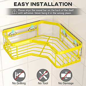 MAXIFFE Shower Caddy, 3-Pack Shower Organizer with Soap Holder, Corner Shower Caddy with 8 Hooks, Wall Mounted Shower Shelf for Bathroom, Kitchen, Countertop, Yellow