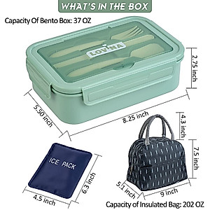 Bento Box Adult Lunch Box, 37OZ Bento box for Adults Kids With Ice Pack 6 Liter Insulated Lunch Bag Set, With Built-in Utensils, Leakproof, Durable, BPA-Free and Food-Safe Materials（Mint Green）