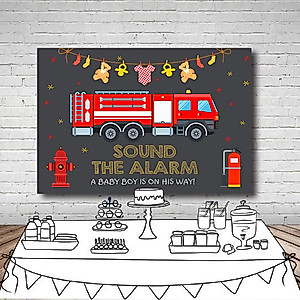 MEHOFOND Fire Truck Boy Baby Shower Photo Backdrop Firetruck Sound The Alarm Firefighter Little Fireman Red and Black Party Decorations Photography Background Banner for Dessert Table Supplies 7x5ft