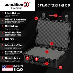 Condition 1 20" Large Hard Case Lockable Storage Box, Waterproof Tough Plastic Case Protective Luggage for Camera, Tactical Gear, Made in USA, 227, 19.75"x15.75"x7.5" Black