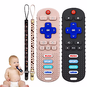 2Pack Teething Toys for Babies, Remote Control Shape Silicone Teether Toys,Baby Teethers for Toddlers Boys Girls (Black + Coral Color)