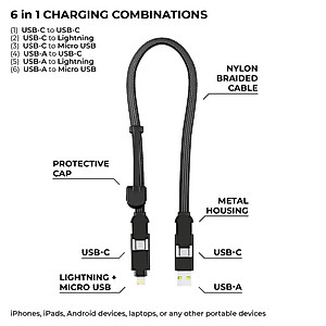 Rolling Square inCharge XL 6-in-1 Multi Charging Cable, Portable USB and USB-C Cable with 100W Ultra-Fast Charging Power, 1 Ft/0.3m, Urban Black