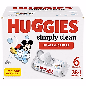 Baby Wipes, Unscented, Huggies Simply Clean Fragrance-Free Baby Diaper Wipes, 6 Flip-Top Packs (384 Wipes Total),64 Count (Pack of 6)