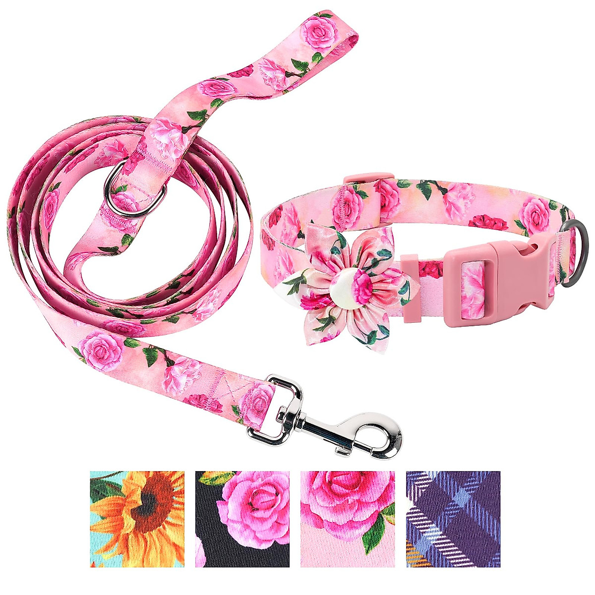 DQGHQME Dog Collar and Leash Set Girls 5ft/Foot Pink Dog Leash and Collar Adjustable Dog Harness and Leash Set Puppy Collars with Beautiful Floral Bow Tie for Small Medium Large Female Dogs,Rose Pink