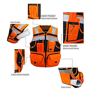 ZUJA 3M Reflective stripes Safety Vest Hi-vis Orange knitted Vest with 10 pockets Bright Construction Workwear for men and women. (Extra Large)