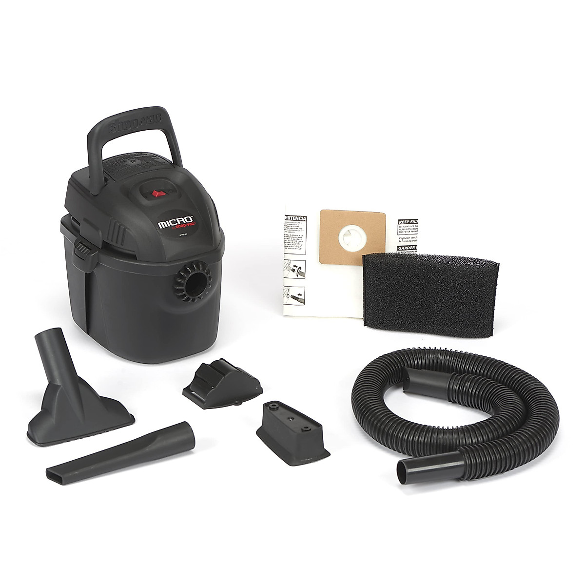 Shop-Vac 2021005 Micro Wet Dry Vacuum, 1 Gallon, 1-1/4 Inch x 4 Foot Hose, 50 CFM, (1-Pack) & 9061500 Round Brush Nozzle, Plastic Construction, Black in Color, 1-1/4 Inch Diameter Sleeve, (1-Pack)