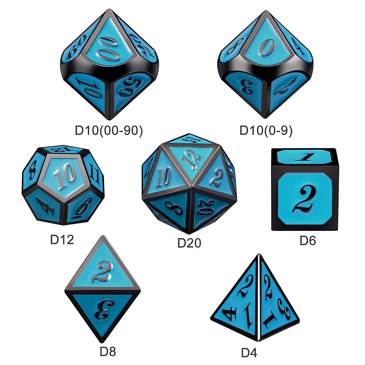 Set of 7 Metal Dice Set with Storage Box - Turquoise with Gunmetal Numbers - Includes D4, D6, D8, D10, D12, D20 and D% by SciencePurchase