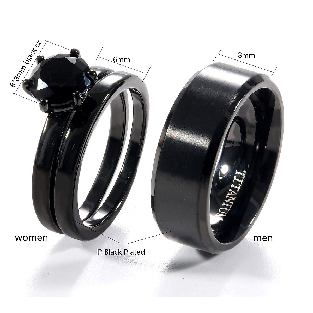 Ringcrown 2 Rings Couple Rings Bridal Sets Black Cz Womens Wedding Ring Sets Titanium Steel Man Wedding Bands