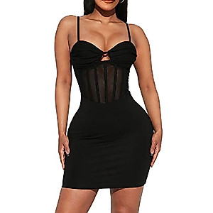 Uni Clau Women Sexy Halter V Neck Mesh Mini Dress Bodycon Spaghetti Straps See Through Patchwork Dress Party Club Night Out Mini Dress Black XL