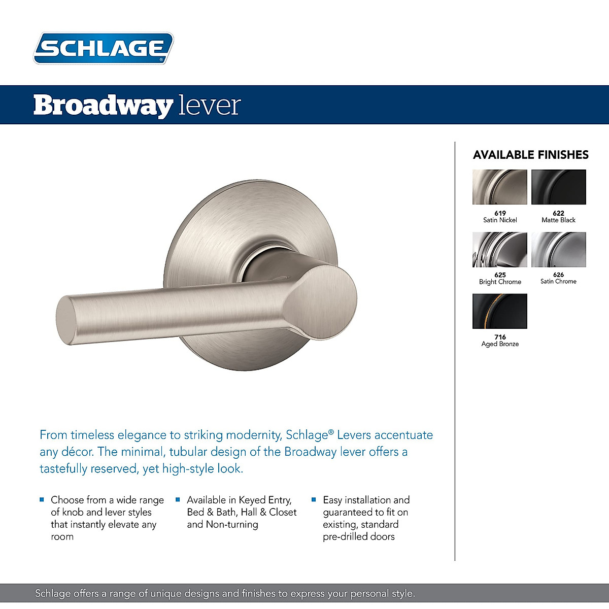 Schlage F10 BRW 619 Broadway Door Lever, Hall & Closet Passage Lock, Satin Nickel