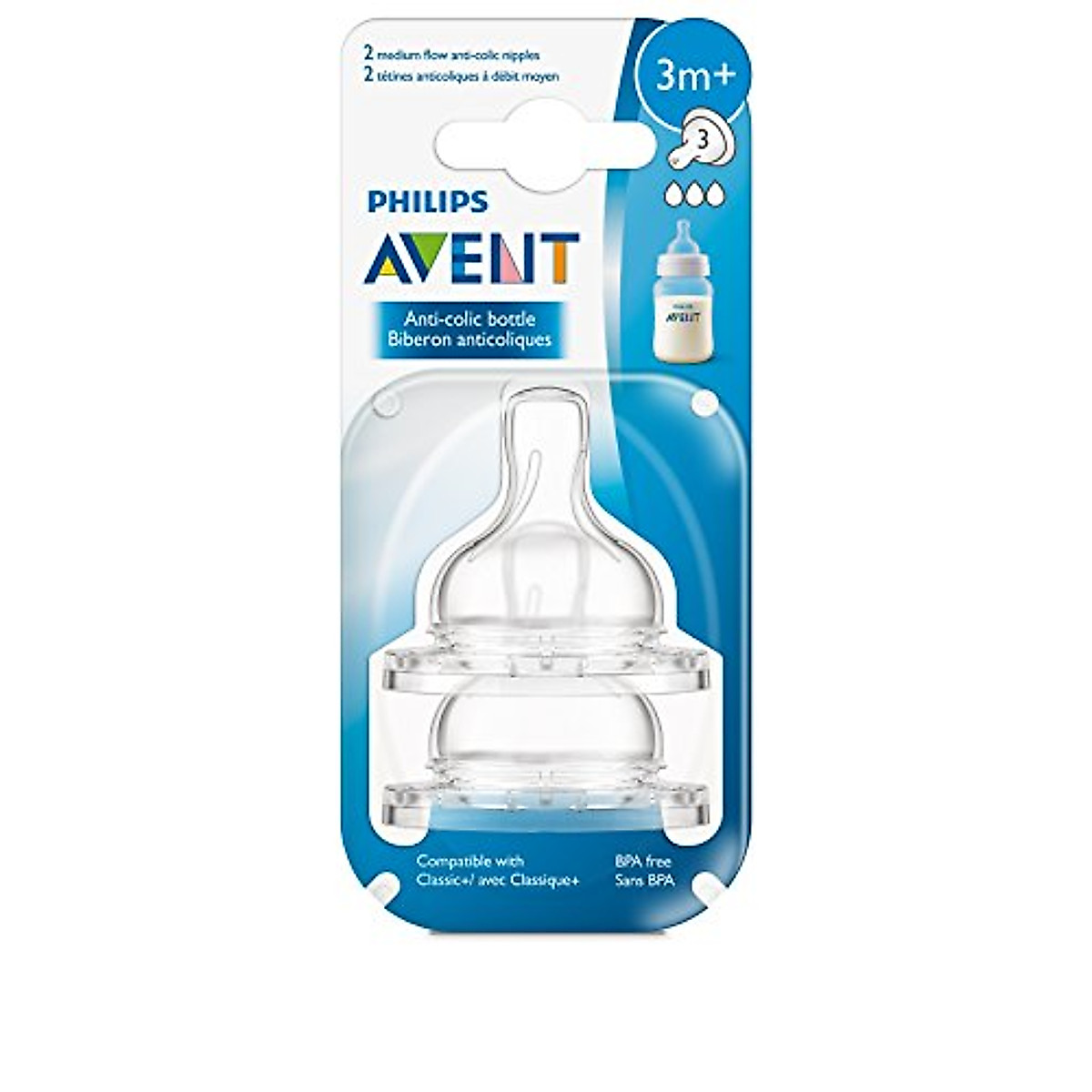 Philips AVENT Anti-Colic Nipple, Clear, Medium Flow, 2 Count (Pack of 1), (SCF423/27)