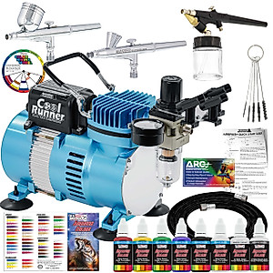 Master Airbrush Cool Runner II Dual Fan Air Compressor Professional Airbrushing System Kit with 3 Airbrushes, Gravity and Siphon Feed - 6 Primary Opaque Colors Acrylic Paint Artist Set - How to Guide