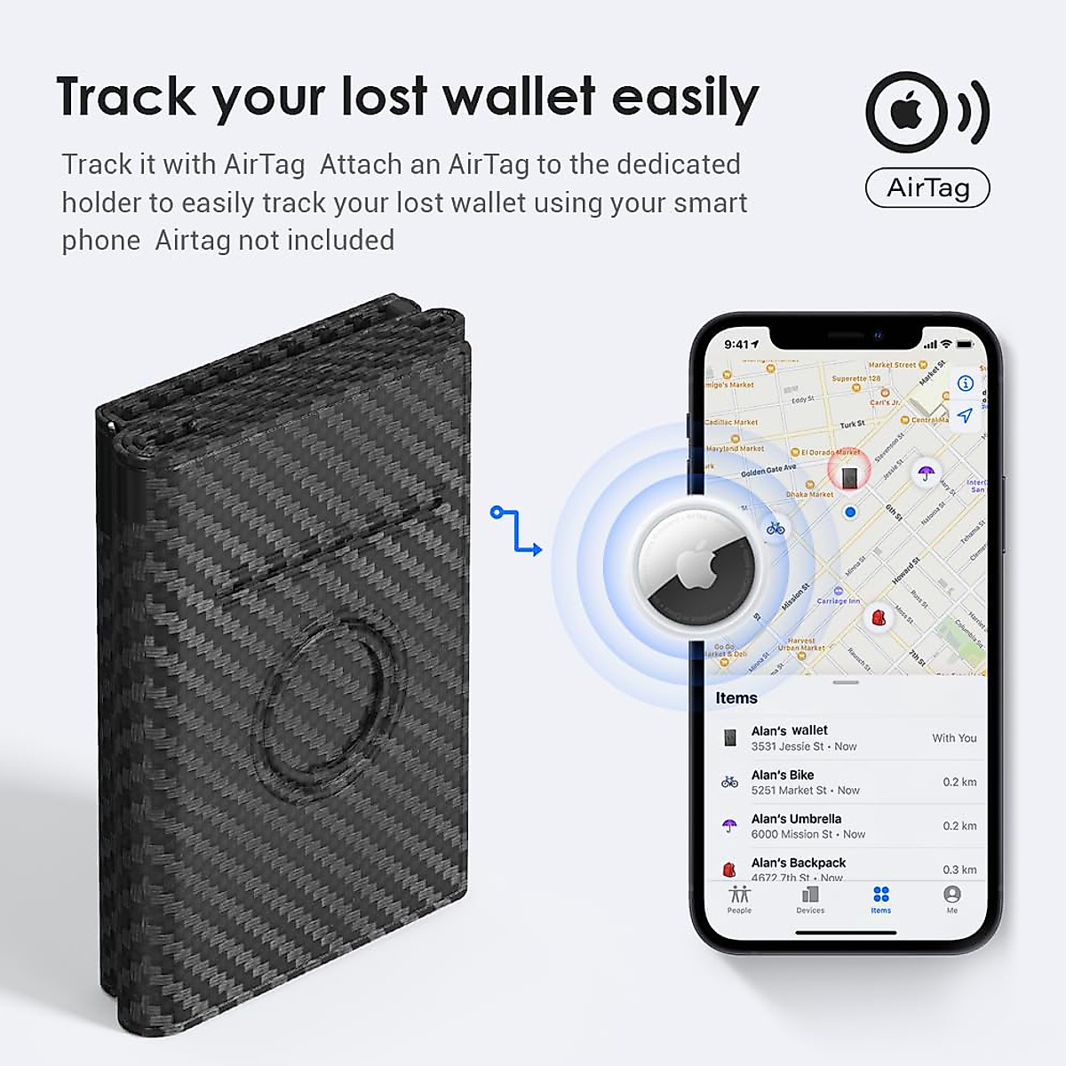 Trifold Wallet for Men with AirTag Holder, Smart Mens Wallet, Pop-Up Card Holder, Cash Slot, Carbon Fiber Case, RFID Blocking, Minimalist Slim Leather Groove Wallet, ID Window, with Gift Box