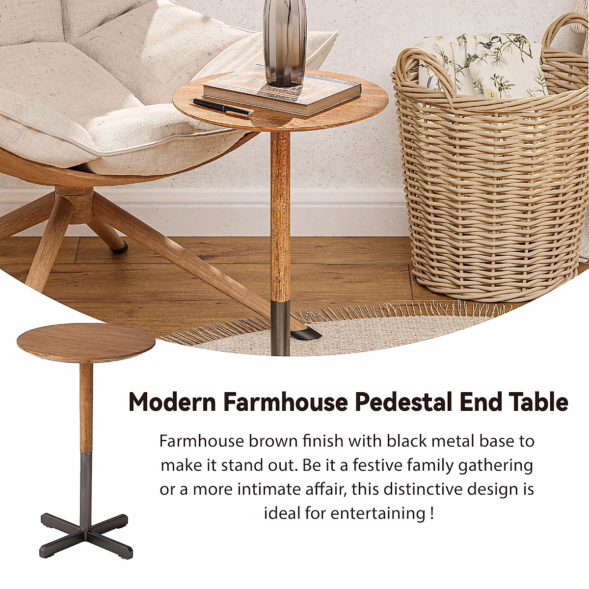 Small Pedestal End Table Modern Drink with Solid Fir Wood Top and Metal Base Light Walnut Dark Grey Brown Contemporary Round Distressed Painted Handmade