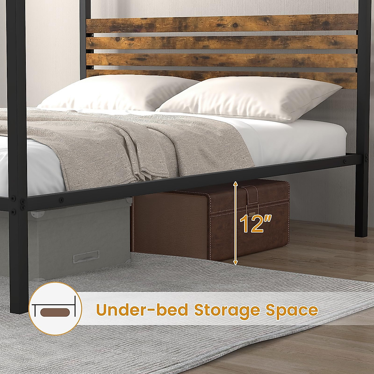 Giantex Metal Canopy Bed Frame Queen Size, 4-Poster Platform Bed with Industrial Headboard and Under Bed Storage, Heavy-Duty Mattress Foundation No Box Spring Needed, Easy Assembly, Black