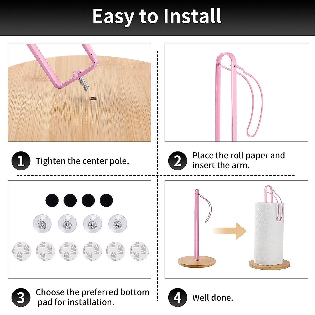 TONLEA Wood Paper Towel Holder with Fixer, Paper Towel Holder Countertop, Kitchen Towel Holder Free-Standing with Fixed or Non-Slip Wooden Base-Pink