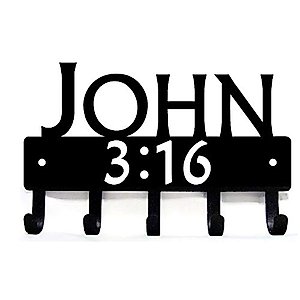 The Metal Peddler John 3:16 Bible Scripture Christian Key Rack - Small 6 inch Wide - Made in USA; Wall Mounted