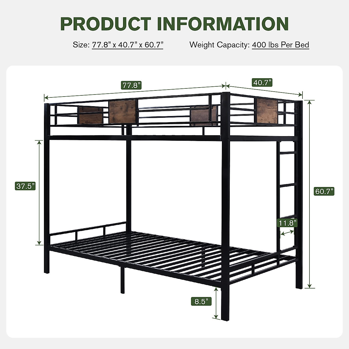 MUTICOR Bunk Beds Metal Twin Size Bunk Beds Frame with Stairs & Full-Length Guardrail, Space-Saving, No Box Spring Needed, Firm, Stable, Easy to Climb, Black