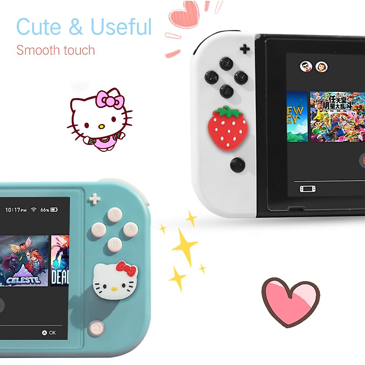 PERFECTSIGHT Switch Thumb Grips Caps, Cute Kitty Joystick Caps for Nintendo Switch/Lite/Switch OLED, 4 PCS Thumbstick Cover, Analog Stick Button Cover for NS Joycon Controller Accessories,Strawberry