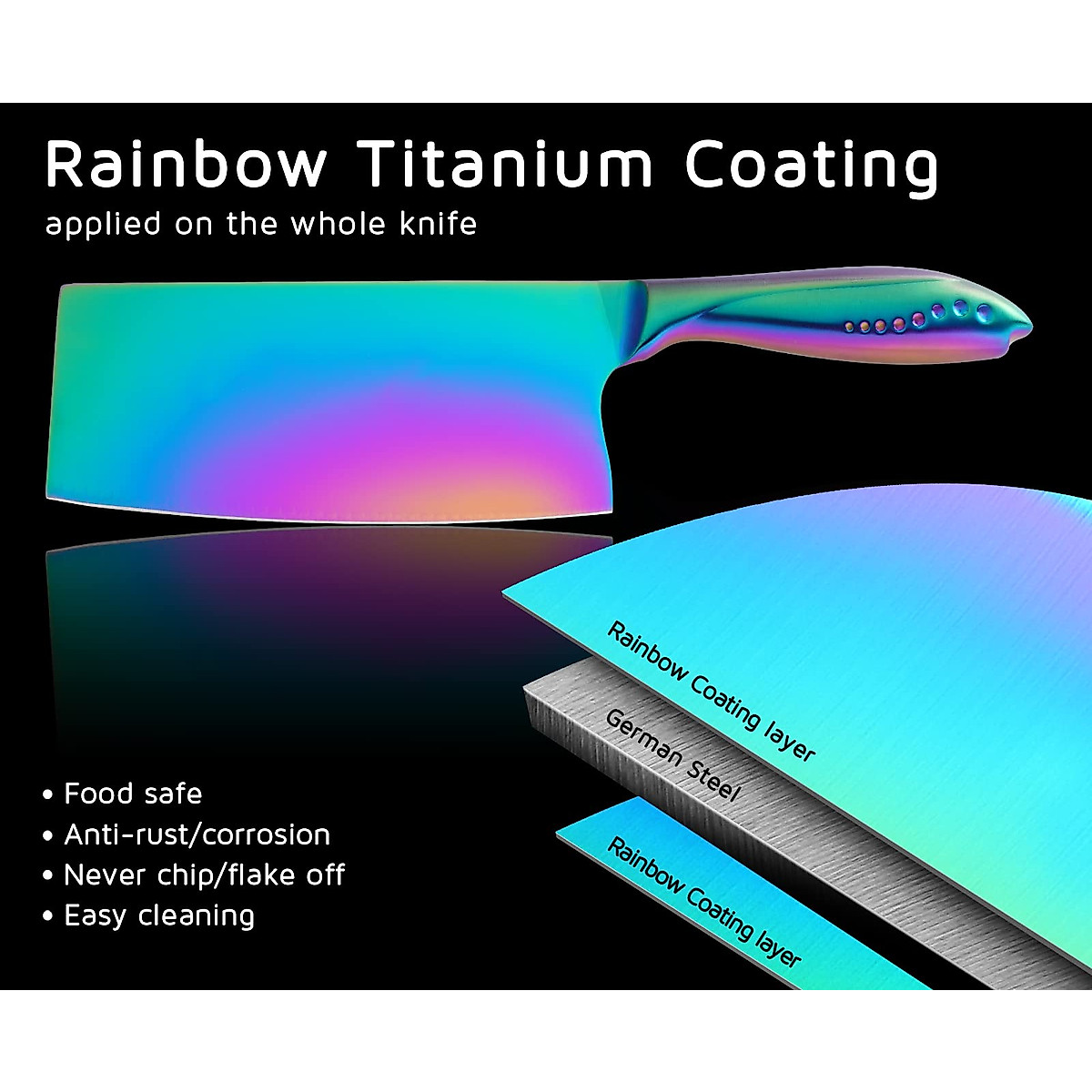 WELLSTAR Rainbow Meat Cleaver, 7 inch Iridescent Chinese Meat Vegetable Butcher Knife, Super Sharp German High Carbon Stainless Steel Chef’s Kitchen Knife with Ergonomic Handle for Home Restaurant