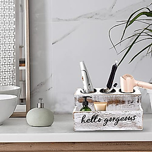 Mightree Rustic Wood Hair Dryer Holder for Bathroom Countertop, Vanity Box Bathroom Trays Cosmetic Organizer, Hair Tools Supplies Organizer for Drawer, Blow Dryer Holder Table with 3 Metal Cup Slot